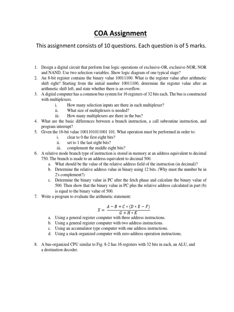 COA Assignment: This Assignment Consists of 10 Questions. Each Question Is of 5 Marks | Download ...