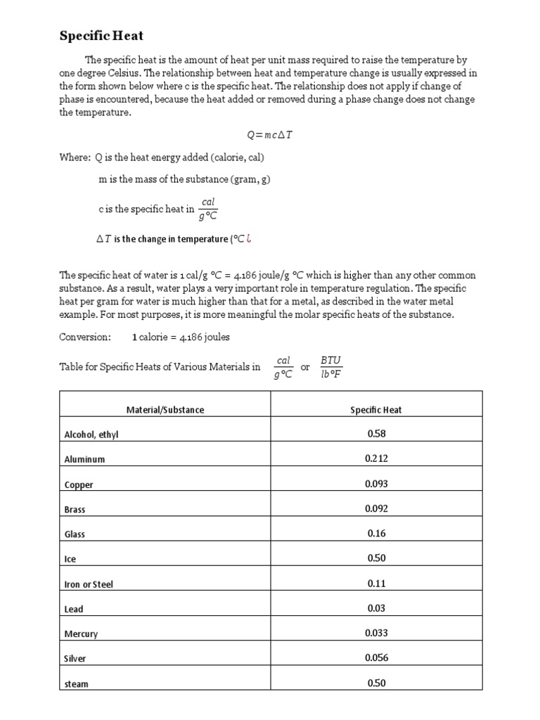 Specific Heat | PDF | Calorie | Heat