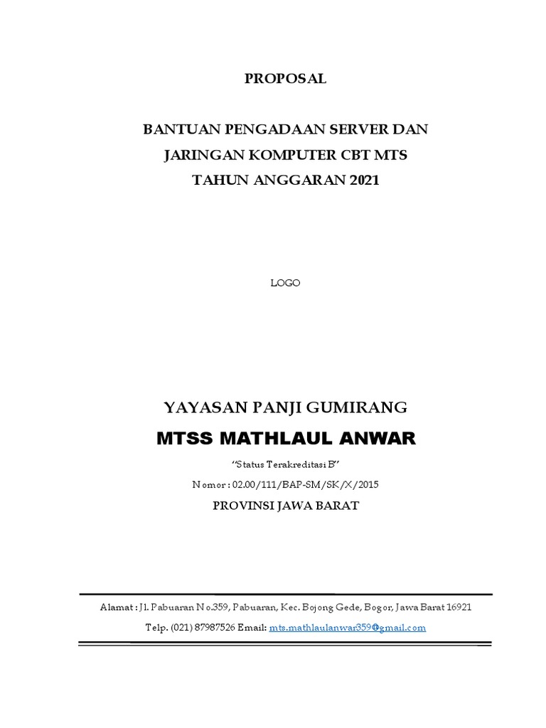 Proposal Pengadaan Server Dan Jaringan Komputer CBT MTSS Mathlaul Anwar 2021 | PDF