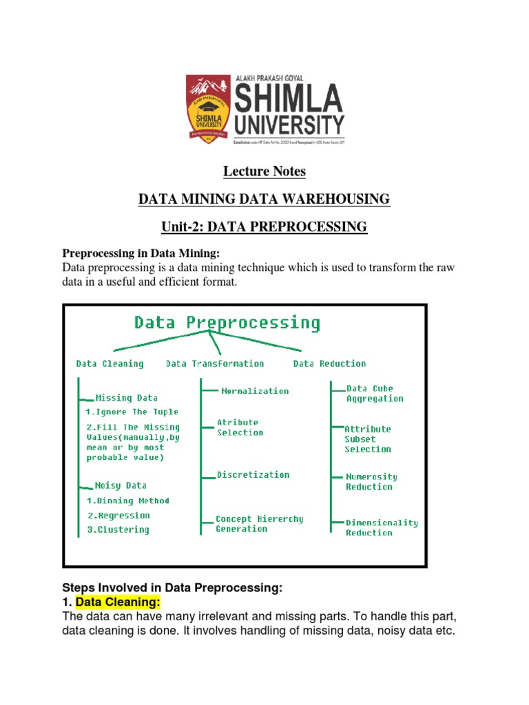 Lecture Notes Data Mining Data Warehousing Unit-2: Data Preprocessing ...