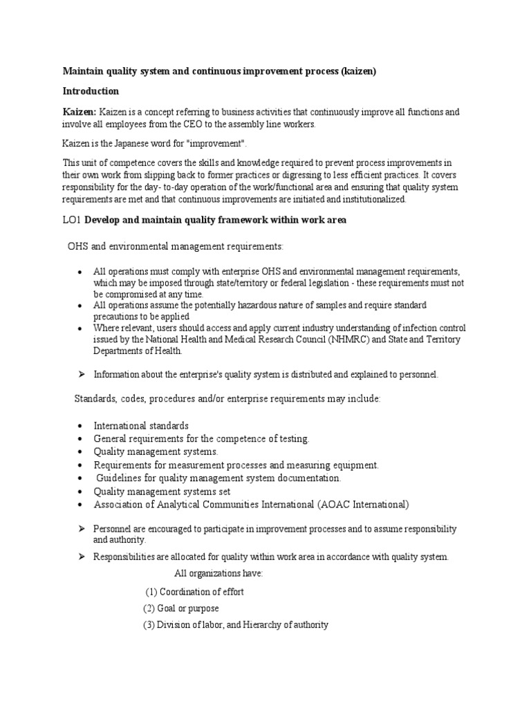 Maintain Quality System And Continuous Improvement Process Pdf