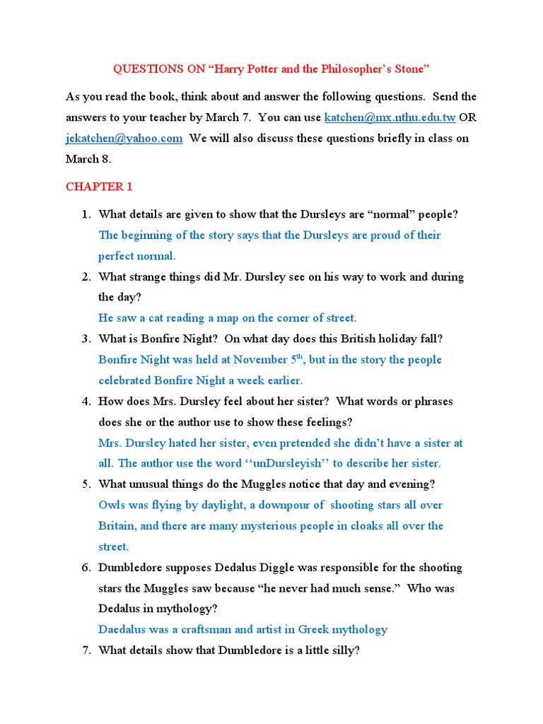 Stone Questions Chapters 1-5 For Spring | PDF | Harry Potter Universe ...