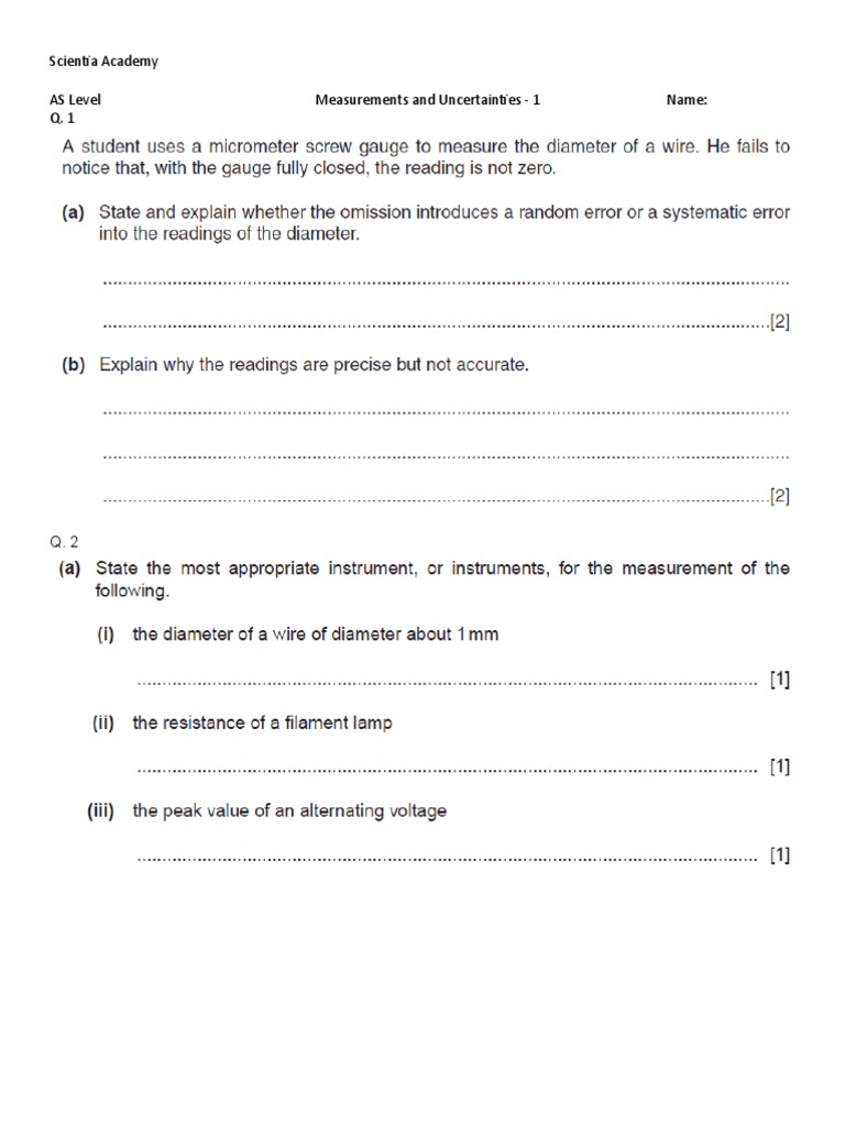 Worksheet 1 Units and Measurements | PDF