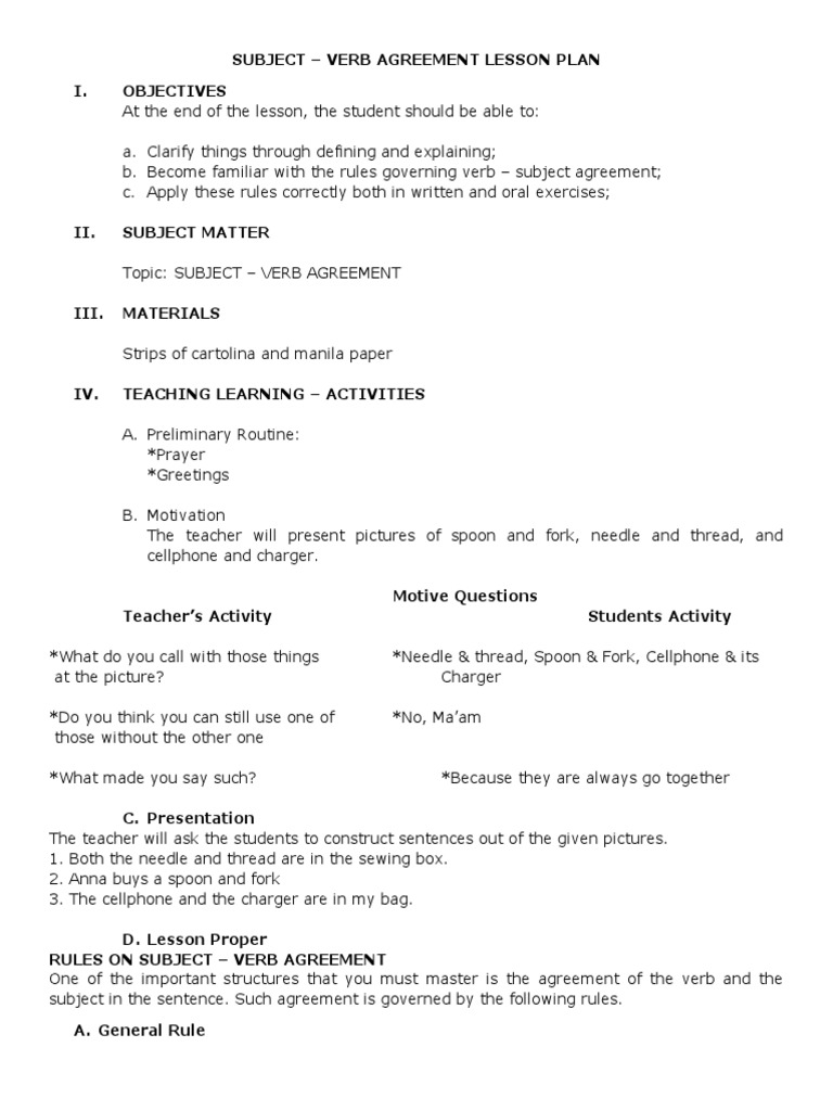Lesson Plan in Subject Verb Agreement | PDF | Grammatical Number | Plural