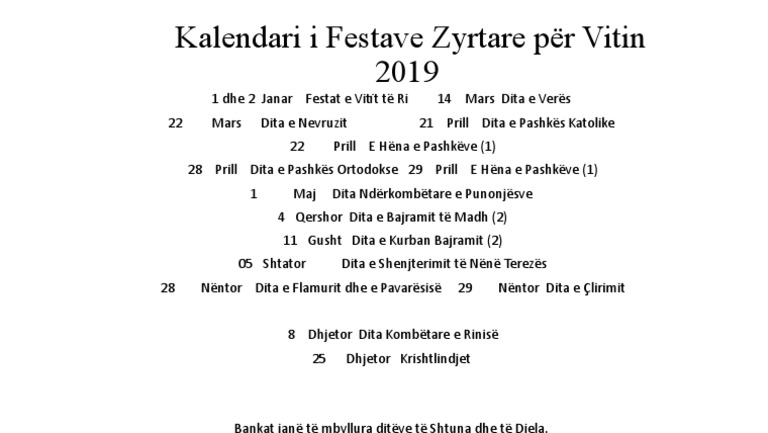 Kalendari I Festave Zyrtare | PDF