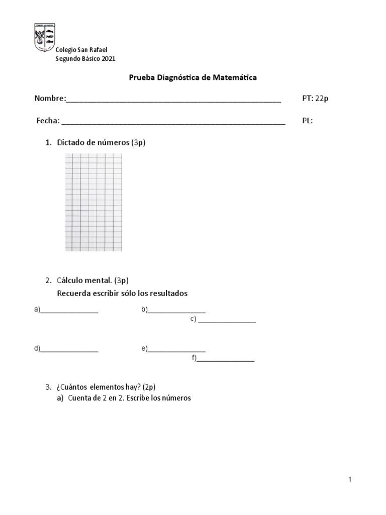 Prueba Diagnóstica Matemática 2° Básico | PDF | Enseñanza de matemática ...