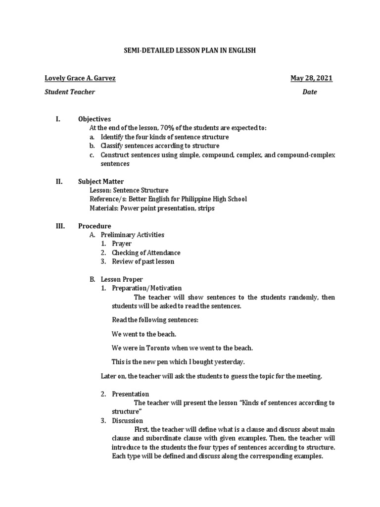 Lesson Plan 1 - Sentence Structure | PDF | Sentence (Linguistics) | Syntax