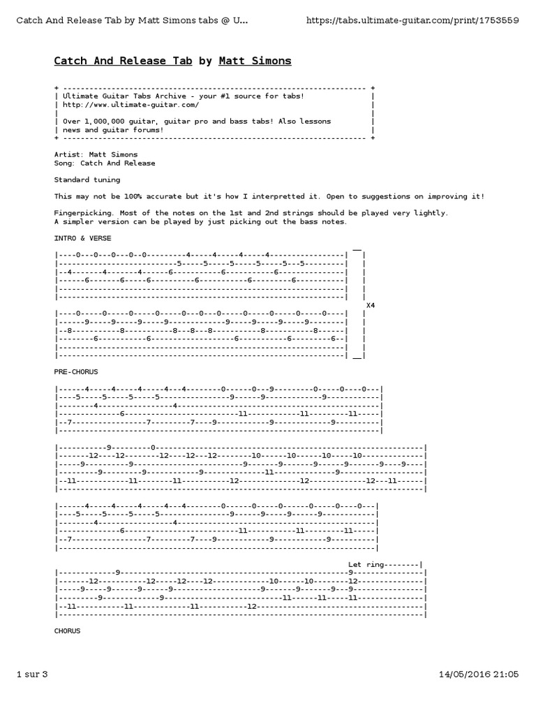 Catch and Release Tab by Matt Simons Tabs at U.. | PDF | Song Structure ...