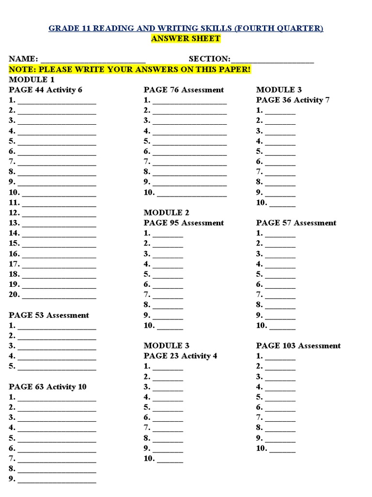 GRADE 11 READING AND WRITING SKILLS Answer Sheet | PDF