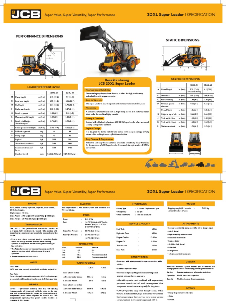 JCB 2dxl Super Loader Spec Sheet | PDF | Loader (Equipment ...
