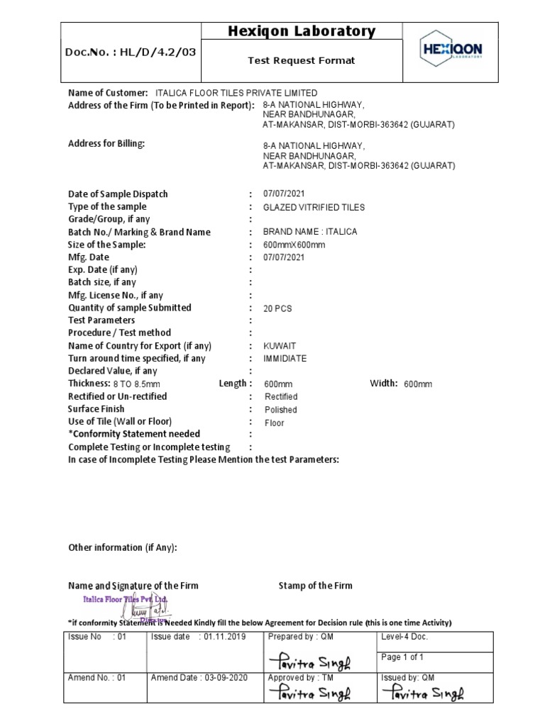 Hexiqon Laboratory: Test Request Format | PDF | Business
