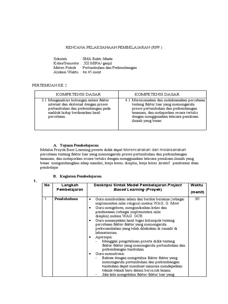 Contoh RPP Project Base Learning (Proyek) | PDF