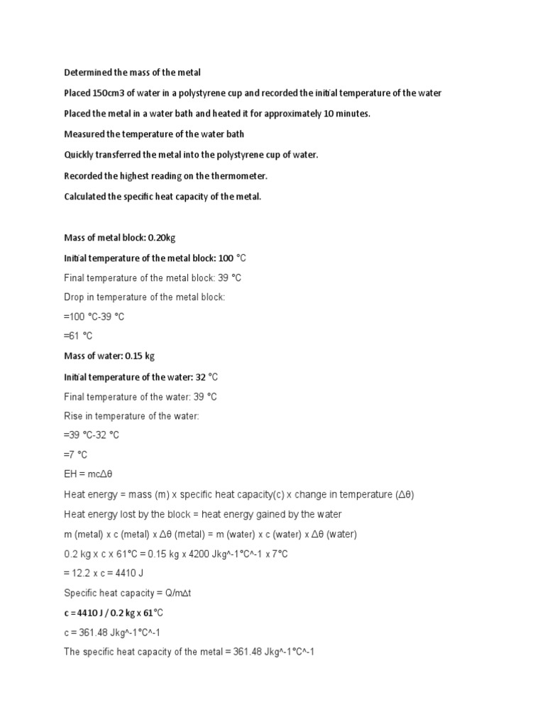 Determining the Specific Heat Capacity of a Metal Through Calorimetry ...