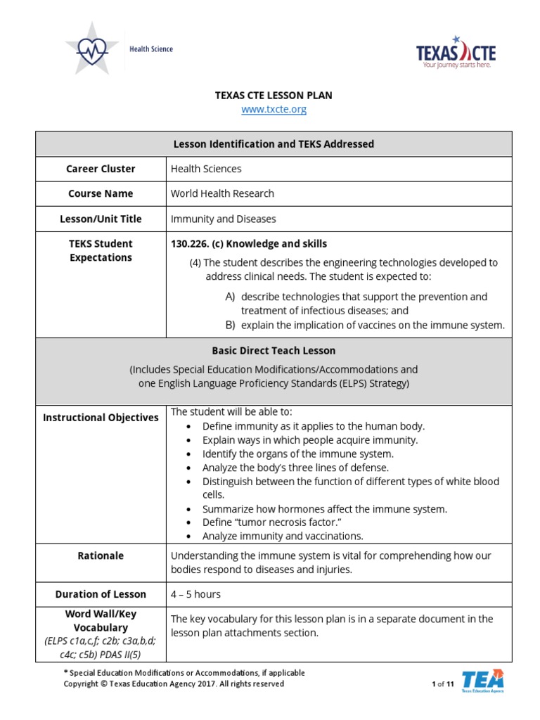 Lesson Plan Immunity and Diseases | PDF | Lymphatic System | Lymphocyte