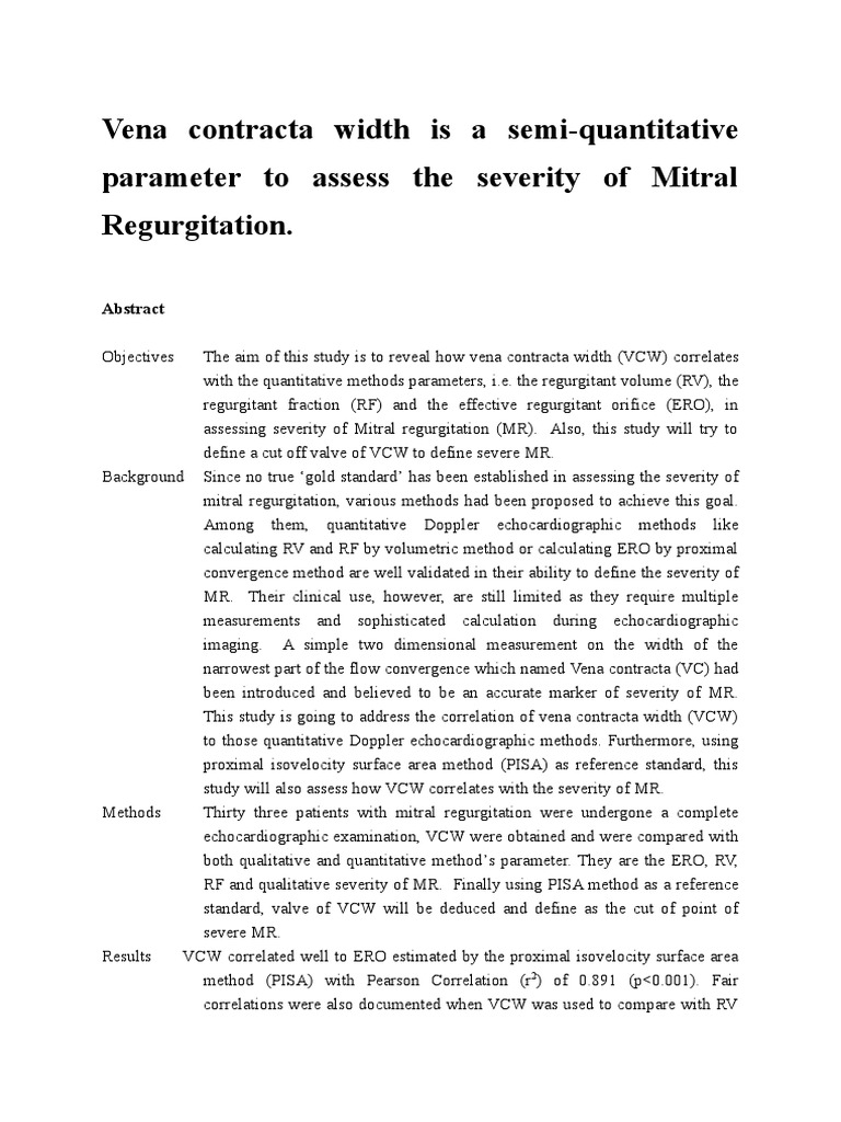 Vena Contracta Width in Mitral Regurgitation | PDF | Echocardiography ...