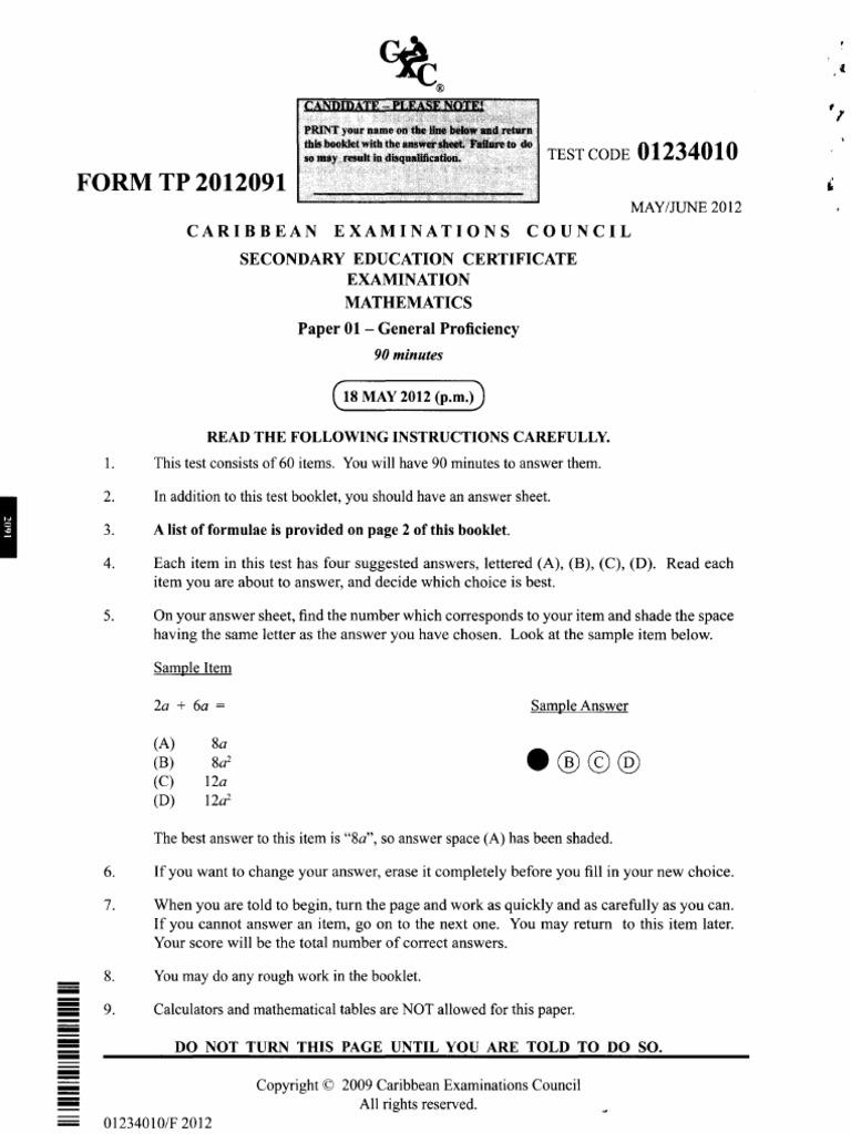 CXC Mathematics June 12 P1 - Solution | PDF