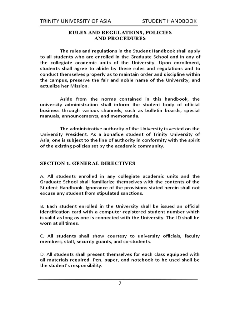 Trinity University of Asia Student Handbook: Rules and Regulations ...