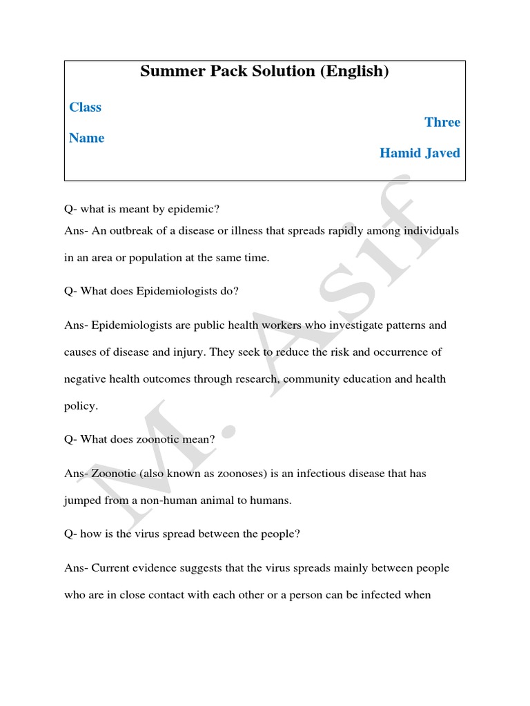 Class 3 Summer Pack Solution (English) | PDF | Epidemiology | Medical Specialties