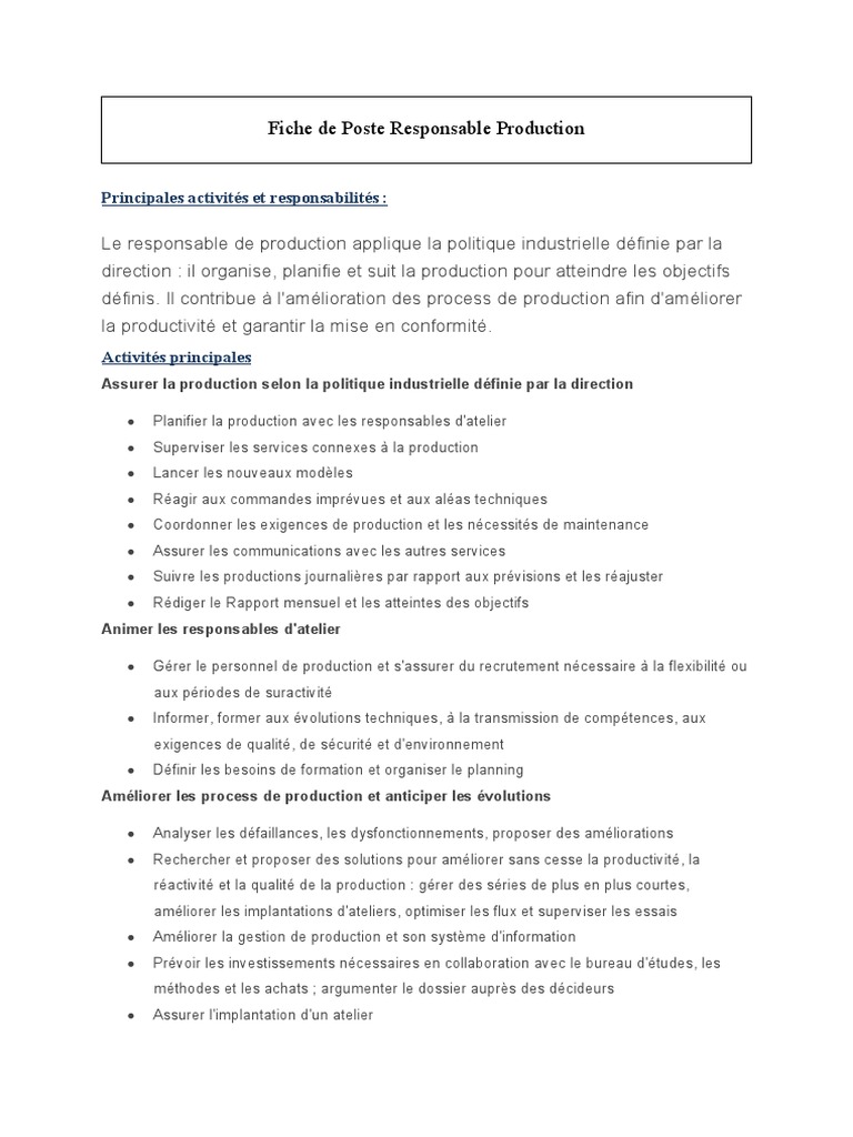 Fiche de Poste Responsable Production | PDF | Informatique | Business