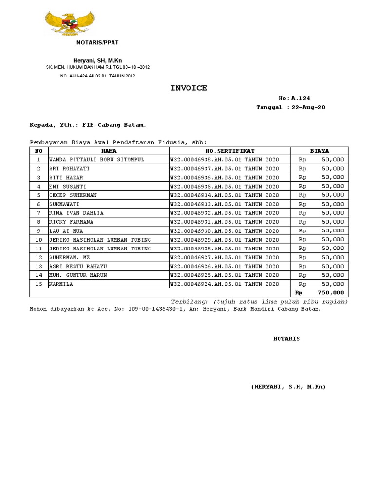 Invoice: No: A.124 Tanggal: 22-Aug-20 Kepada, Yth.: FIF-Cabang Batam | PDF