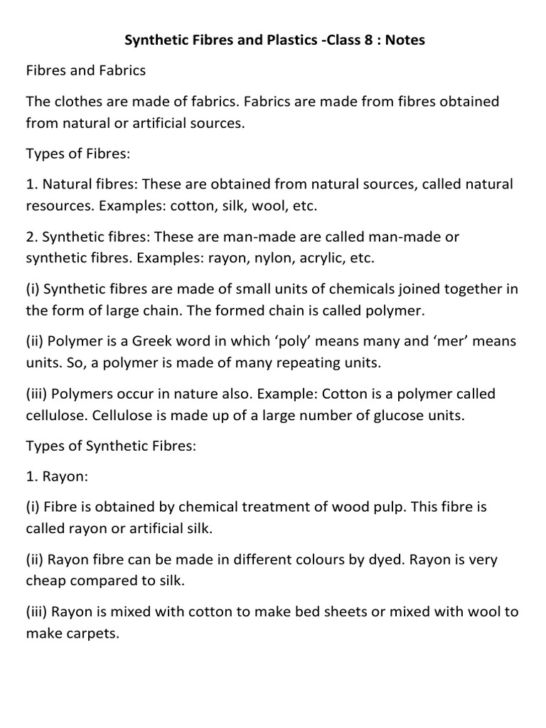Synthetic Fibres and Plastics Notes | PDF | Fibers | Textiles