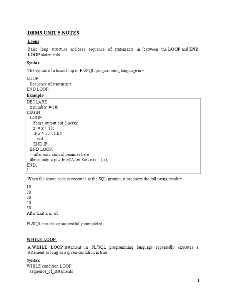 Dbms Unit 5 Notes Loops Loop Statements Syntax Pdf Control Flow Subroutine 8936