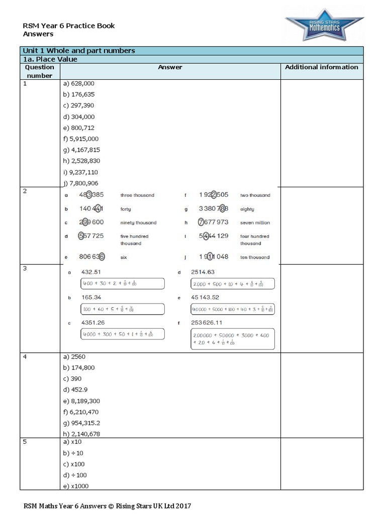 RSM Year 6 Practice Book Answers Unit 1 Whole and Part Numbers 1a ...
