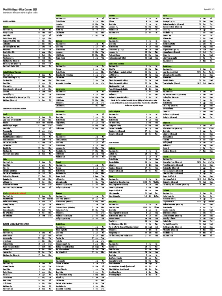2021 Global Holiday Calendar | PDF | Holidays | Easter