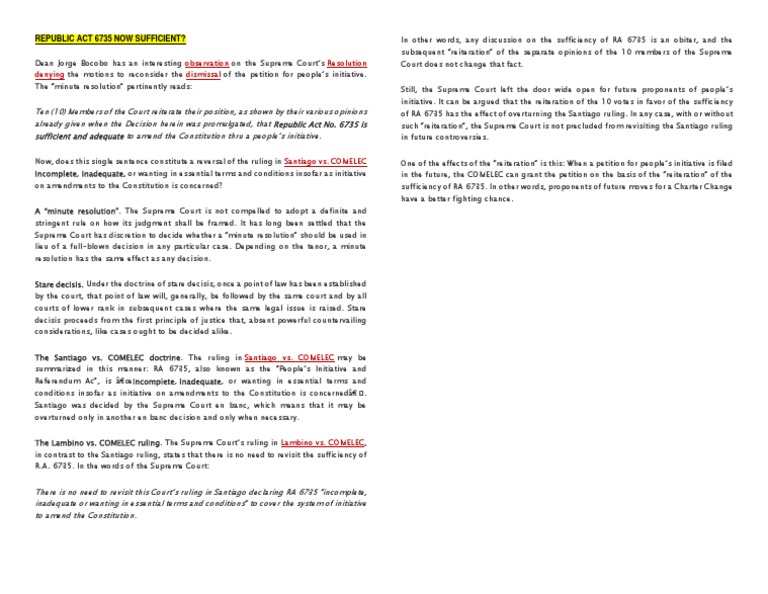 Ra 6735 (Lambino and Santiago Rulings) | PDF | Precedent | Supreme Courts