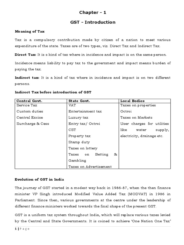Chapter - 1 GST - Introduction | Download Free PDF | Value Added Tax ...