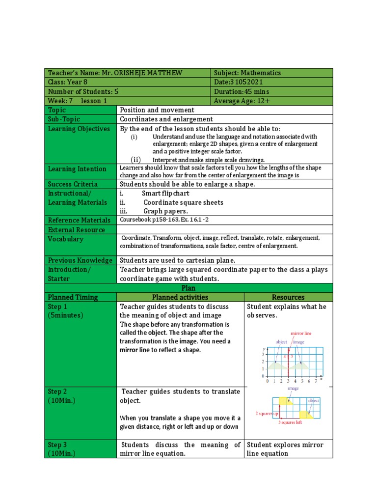 Lesson Plan For Position and Movement Mathematics 8 Lesson 1 | PDF ...