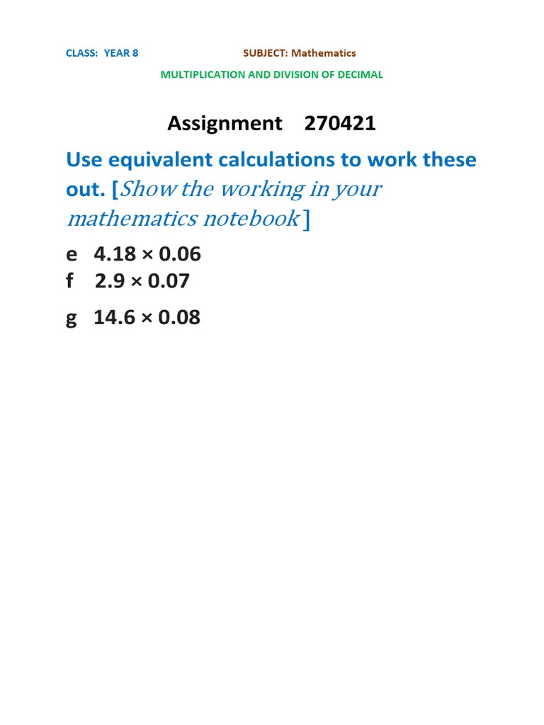 Multiplication and Division of Decimal Assignment | PDF