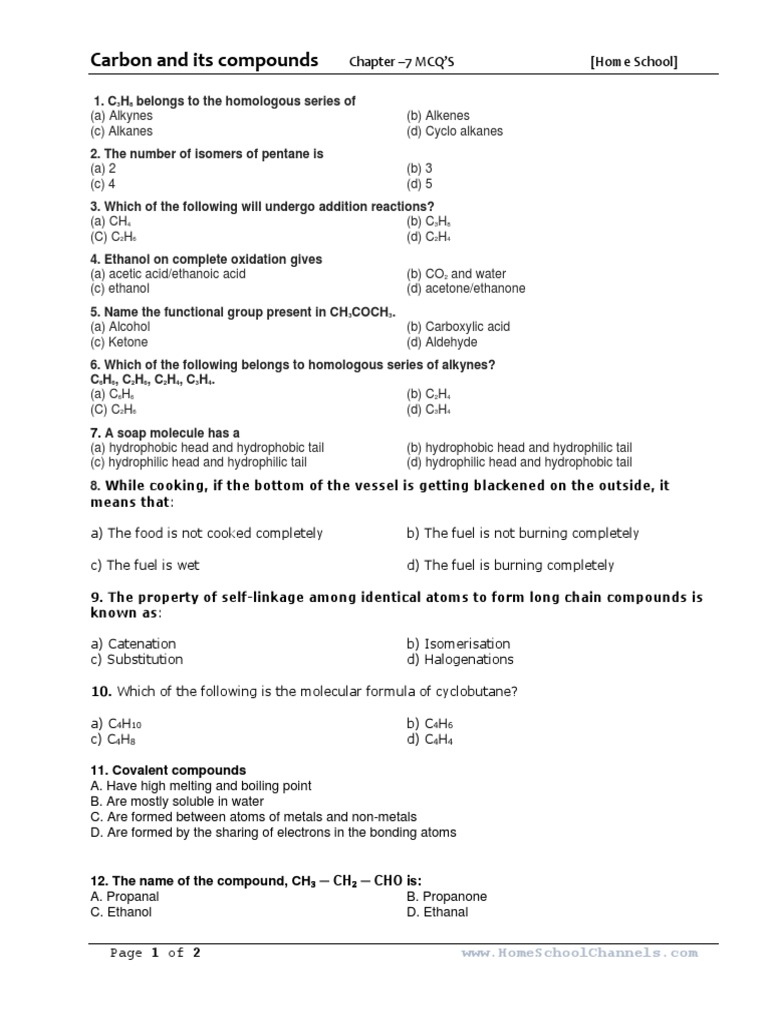 Carbon and Its Compounds: Chapter - 7 MCQ'S (Home School) | PDF ...