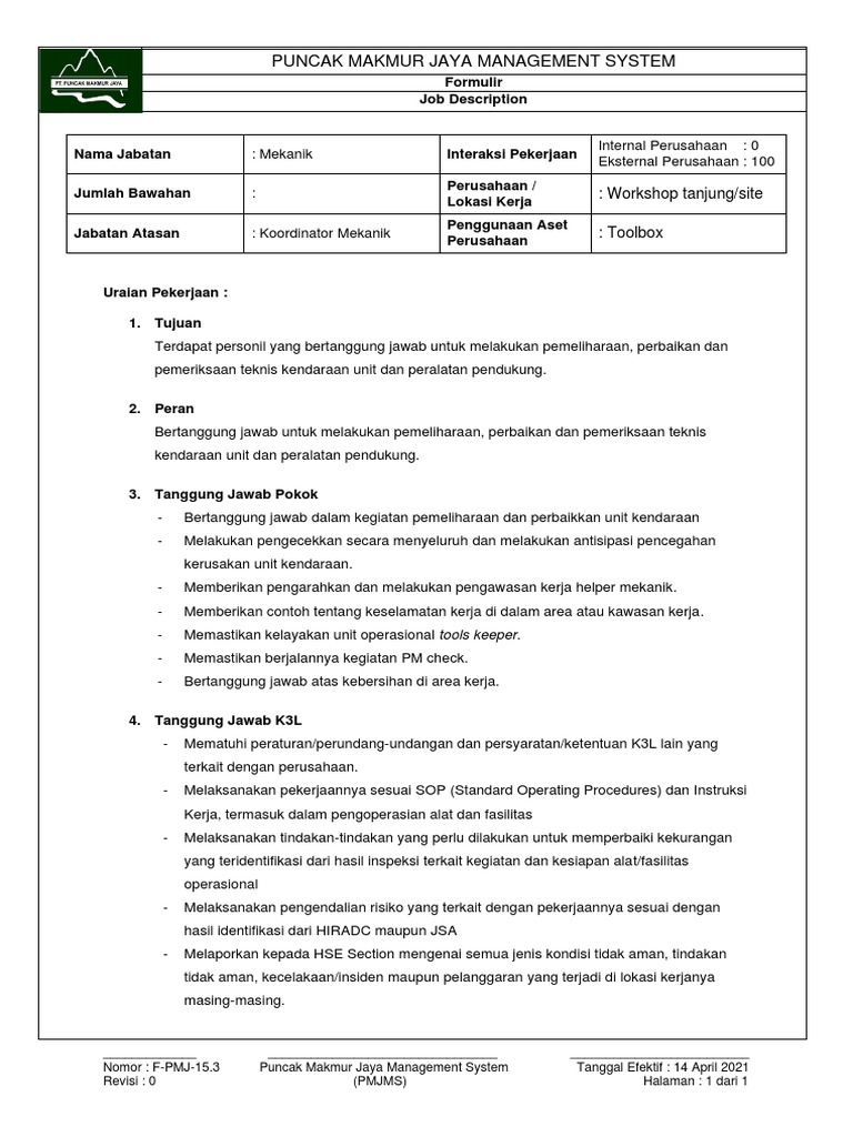 F-PMJ-15.3 Form Job Description - Mekanik - PT PMJ | PDF