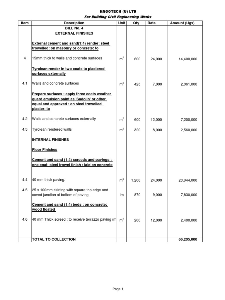 FINISHING Sample Bill of Quantities | PDF | Architectural Elements ...