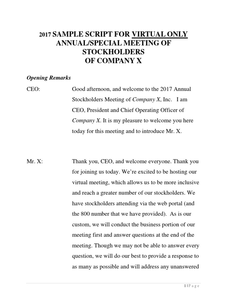 Sample Script For Virtual Only Annual/Special Meeting of Stockholders ...