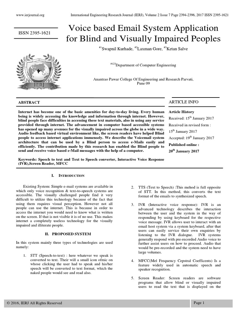 Voice Based Email System Application For Blind and Visually Impaired ...