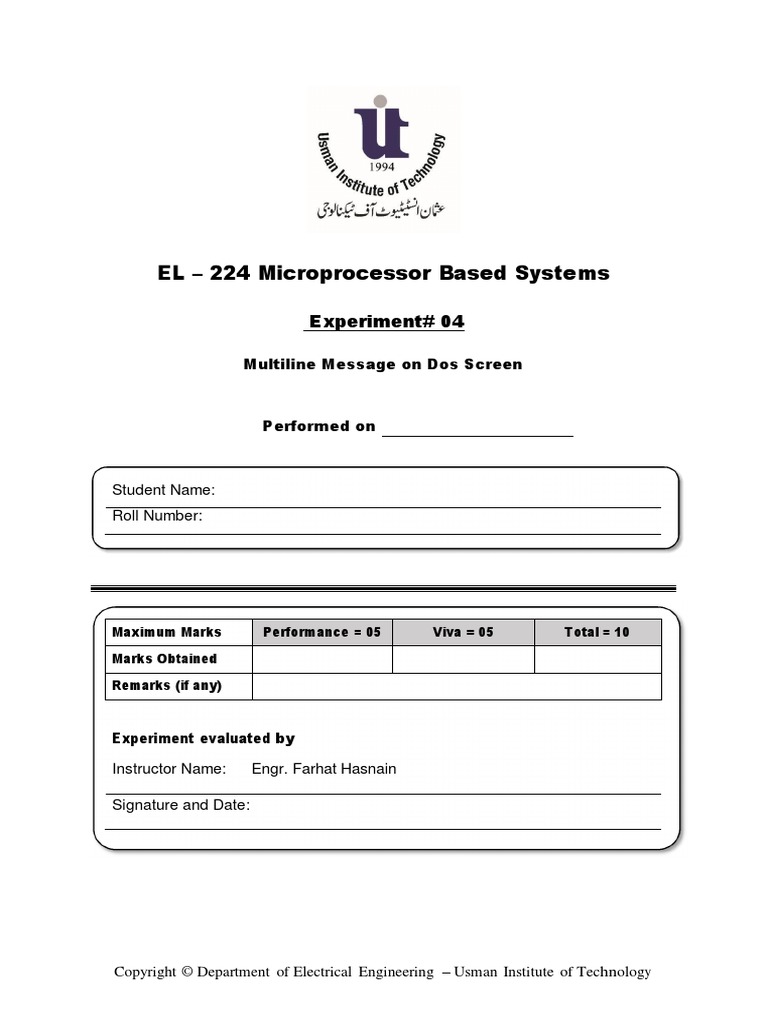EL - 224 Microprocessor Based Systems: Experiment# 04 | PDF | Input ...