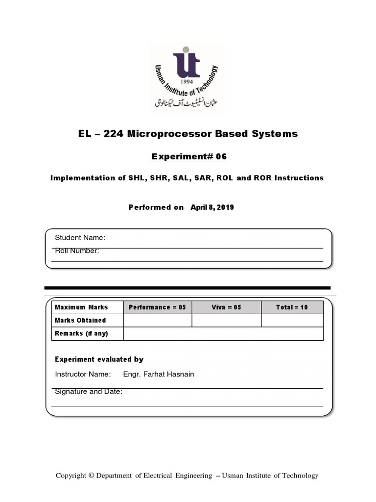 EL - 224 Microprocessor Based Systems: Experiment# 06 | PDF | Bit ...