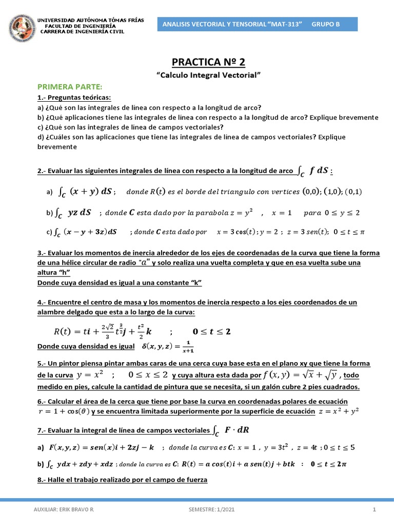 PRACTICA N 2 MAT 313 G-2 Integrales de Linea y Superficie | PDF | Integral | Vector Euclidiano