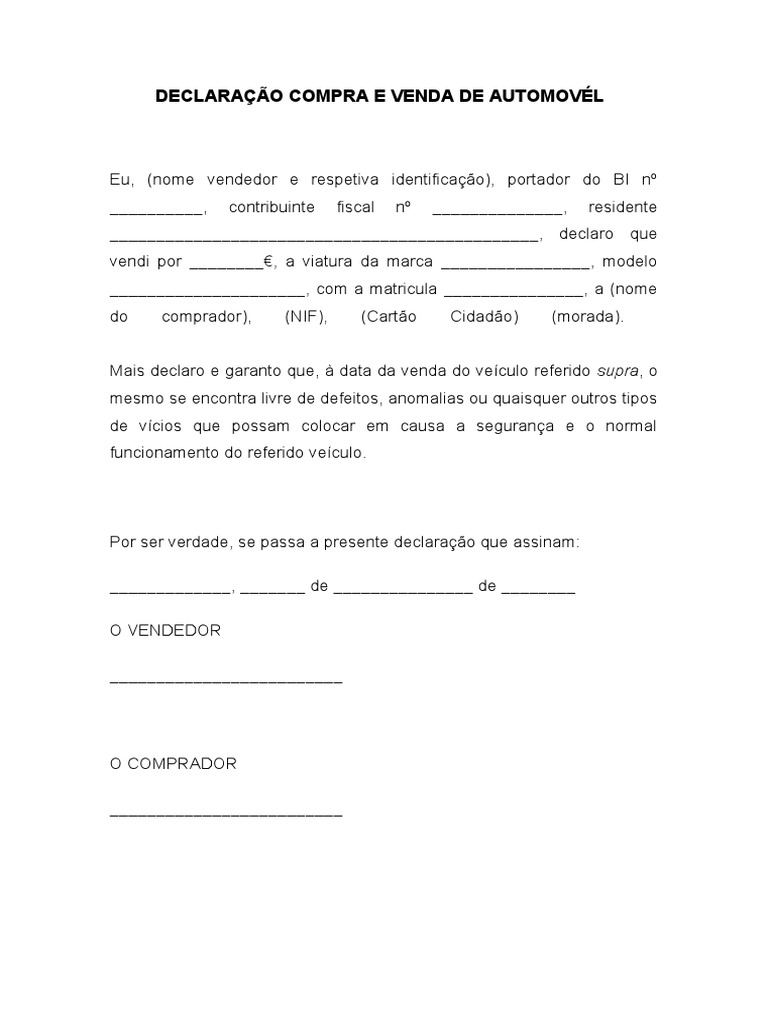 Declaração Compra e Venda de Automovél | PDF