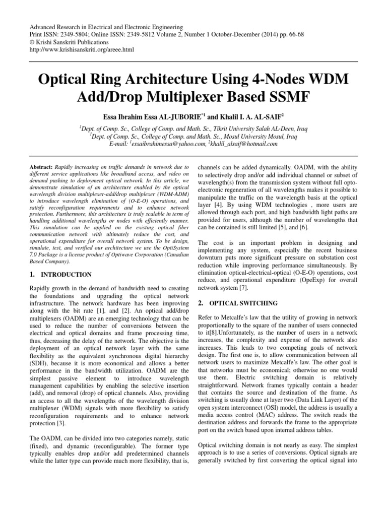 Optical Ring Architecture Using 4-Nodes WDM Add/Drop Multiplexer Based SSMF | Download Free PDF ...