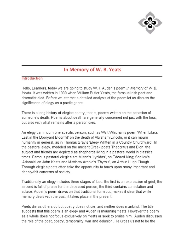 In Memory of W B Yeats | PDF | Poetry