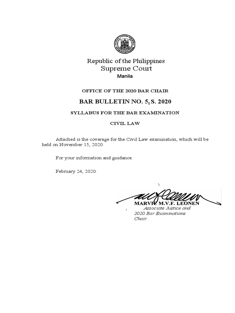 2020 Civil Law Bar Exam Syllabus Guide | PDF | Tort | Intestacy