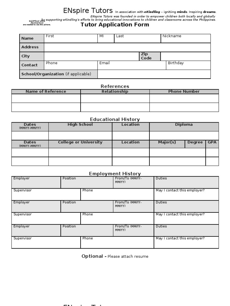 Enspire Tutors: Tutor Application Form | PDF | Fluency | Mentorship