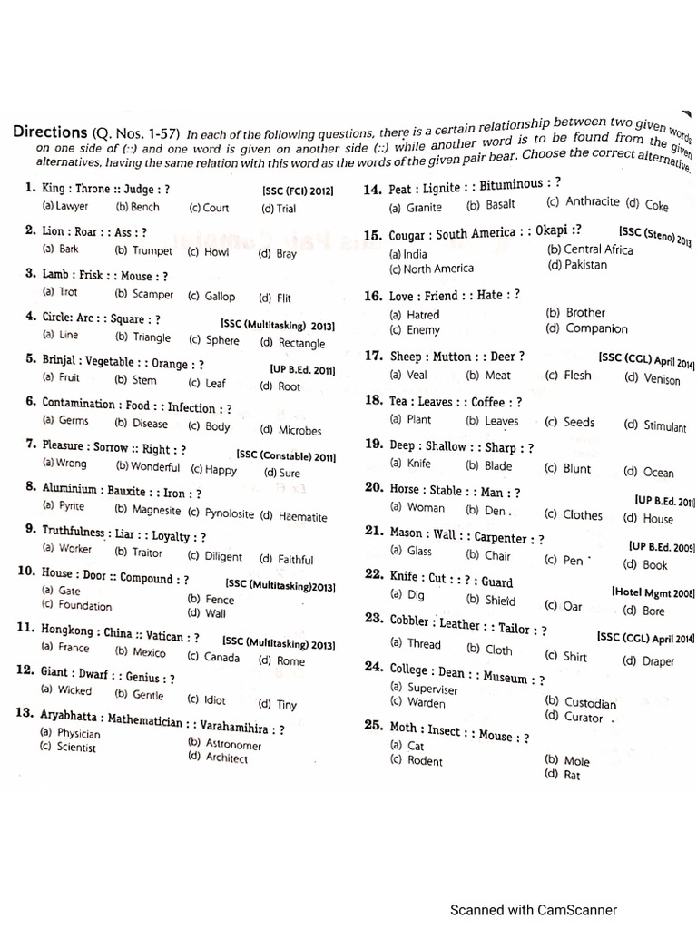 Analogy Verbal Reasoning Practice Sheet PDF | PDF