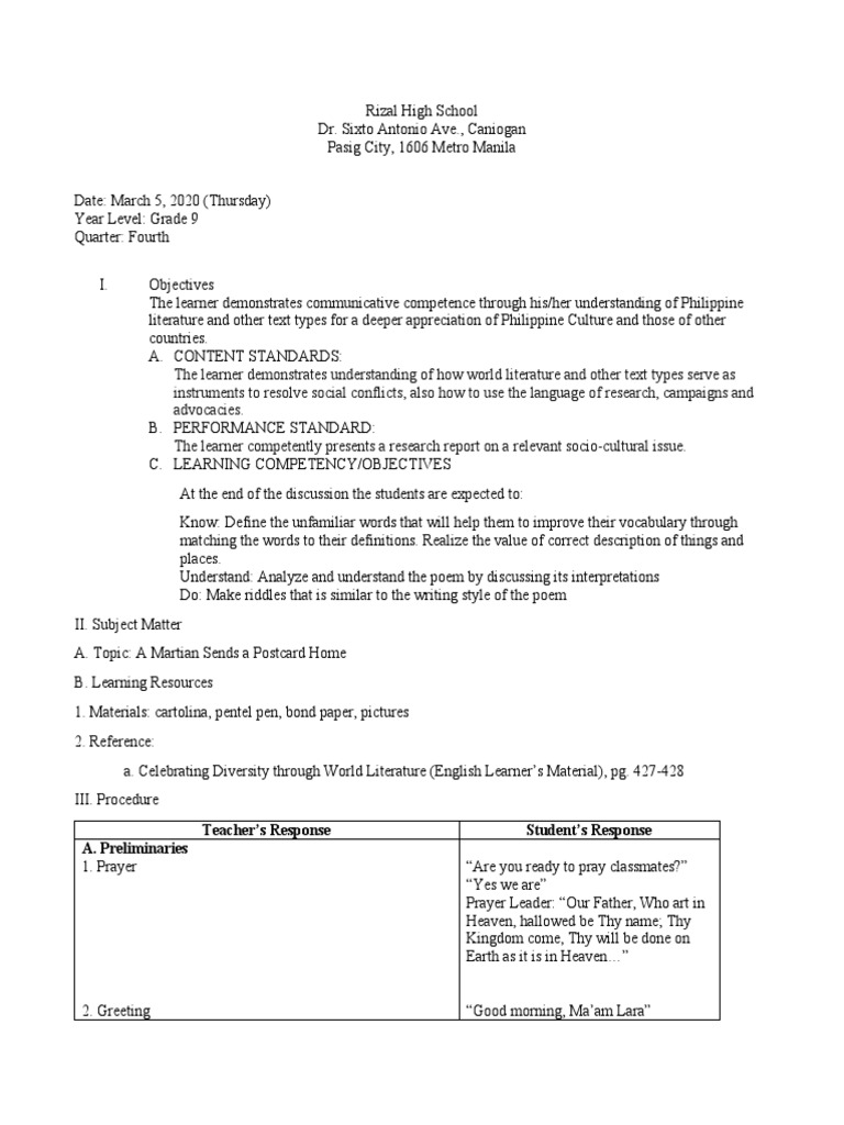 Lesson Plan A Martian Sends A Postcard Home | PDF | Learning | Poetry