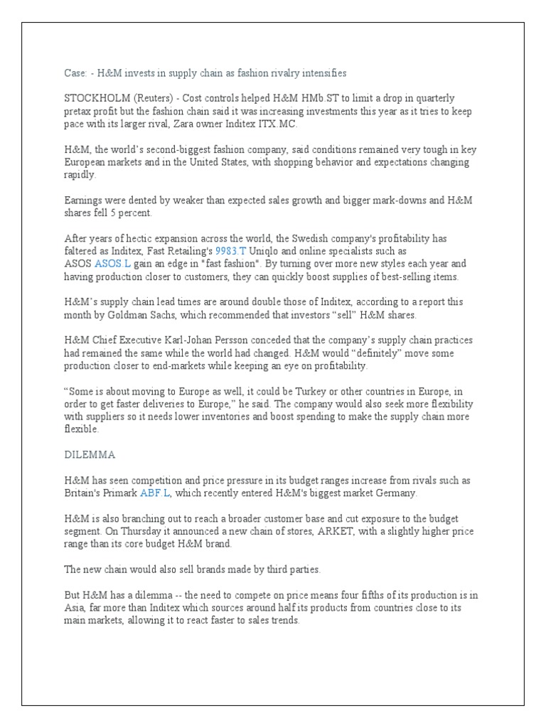 Case: - H&M Invests in Supply Chain As Fashion Rivalry Intensifies ...