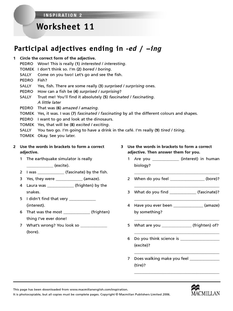 Worksheet 11: Participal Adjectives Ending in - Ed / - Ing | PDF