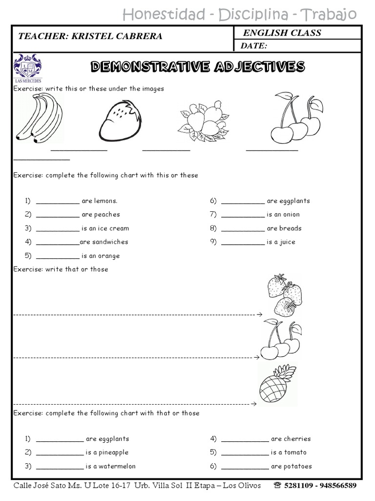 Demonstrative Adjectives Worksheet | PDF | Foods | Cuisine